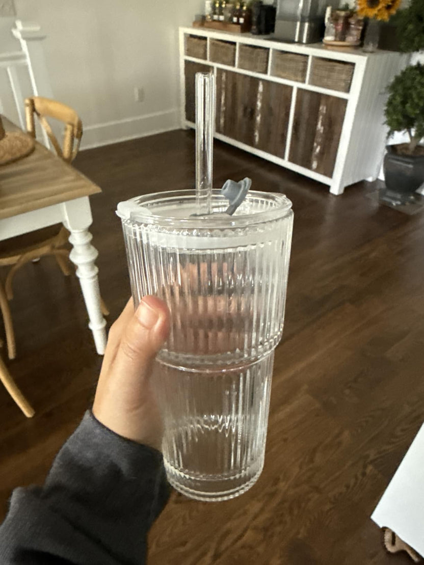 Aesthetic Ribbed Glass Cup With Straw– Spill-Proof Iced Coffee Tumbler ...